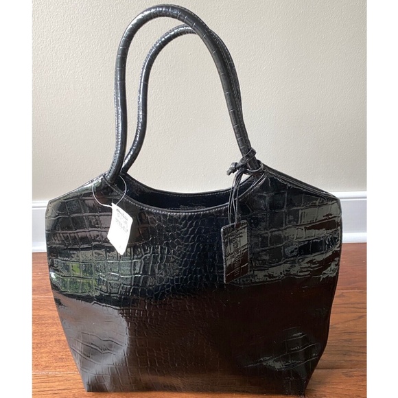Neiman Marcus | Bags | Neiman Marcus Faux Black Patent Alligator Print ...